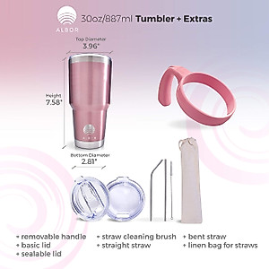 ALBOR Insulated Tumbler with Lid and Straw - 30 oz Insulated Coffee Mug with Handle, Travel Coffee Mug with 2 Lids, 2 Metal Straw, Brush and Storage Bag, Rose Gold