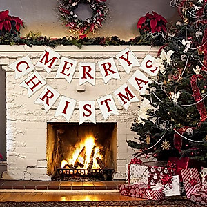 Whaline Christmas Burlap Banner Felt Merry Christmas Banner Pre-Assembled White Red Xmas Bunting Garland Celebration Hanging Decorations for Christmas Party Supplies Home Decoration