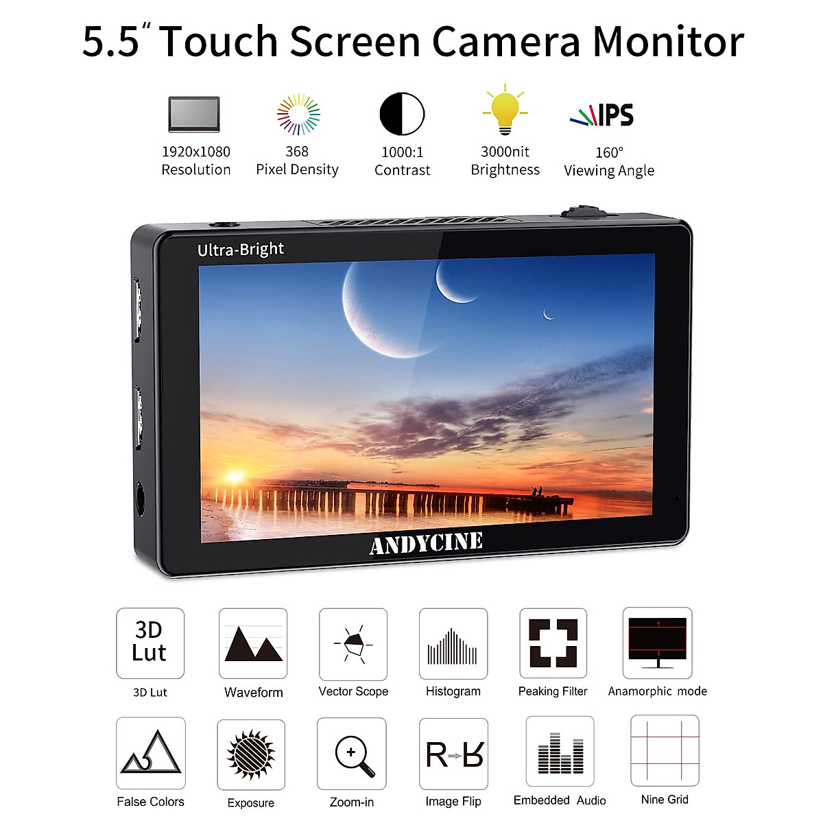 ANDYCINE C5 5.5 Inch Ultra High Bright 3000nit Touch Screen DSLR On-Camera Field Monitor with F970 External Power and Install Kit 4K HDMI Input Output 1920X1080 FHD IPS Panel