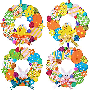 12 Sets Easter Wreath Signs Decorations DIY Foam Easter Craft Kits Easter Eggs Bunny Chick Foam Stickers Pom-Poms Googly Eyes for Kids Classroom Home Activity Art Project Gift Easter Front Door Décor