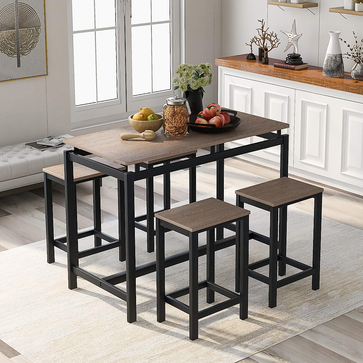 Merax 5-Piece Kitchen Counter Height Table Set, Industrial Dining Table with 4 Chairs, Small Space Table & Chairs, Kitchen Table Set for 4 People (Dark Brown +Black)