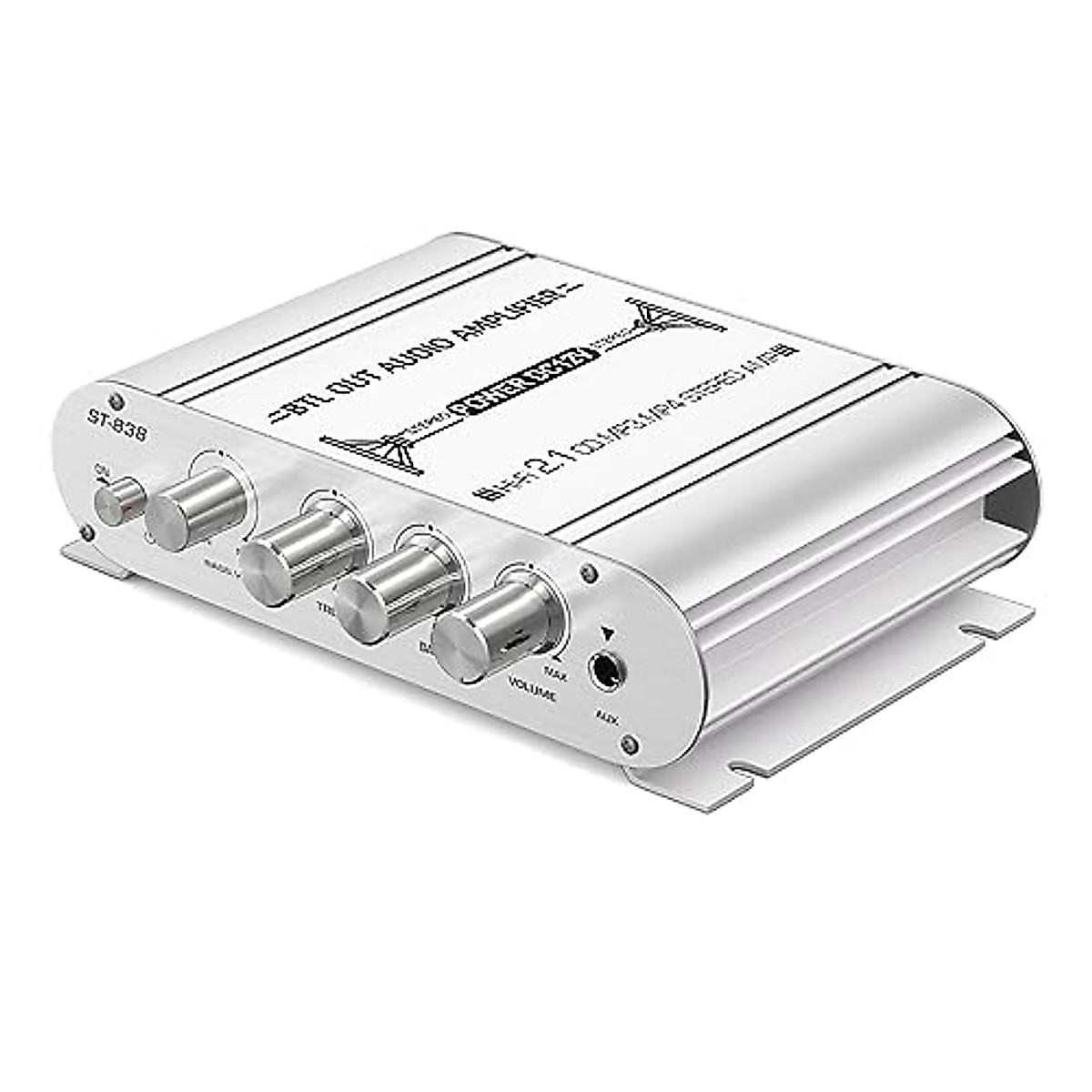 Facmogu ST-838 2.1CH Audio Power Amplifier, RMS 20Wx2+40W Class D Stereo Digital Audio Amp with Subwoofer Output, 80W Mini Subwoofer Amplifier Audio Stereo Bass Amp with DC12V Power Adapter - Silver