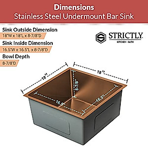 Strictly Sinks Undermount Copper Bar Prep Sink – 18 Inch Single Bowl 16 Gauge Stainless Steel Undermount Bar Sink – Tight Radius Corners Kitchen & Bar Sink With Drain Kit