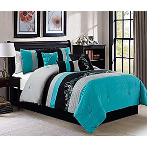 Chezmoi Collection Napa 7-Piece Luxury Leaves Scroll Embroidery Bedding Comforter Set (Queen, Teal Blue/Gray/Black)