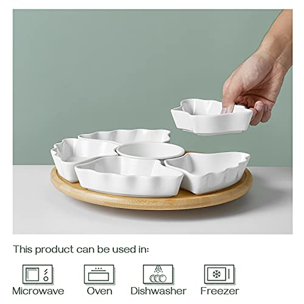 DOWAN 12 Inches Serving Tray and Platters, Divided Serving Bowls for Party, Removable Serving Dishes for Chips and Dip, Fruit, Veggies, Candy and Snacks, 7 Pieces, White
