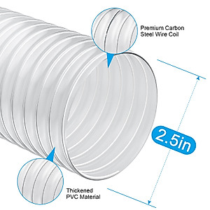 Elecoman 2 1/2" x 50' Heavy PVC Dust Collection Hose,Flexible Clear Debris and Fume Collection Hose with Stainless Steel Hose Clamps for Dust Collectors with 2 1/2" Ports, Ideal for Shop Vacuums