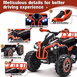 Soar Four Wheeler for Kids - Electirc Toddler 4 Wheeler for Kids 3-6, Ride on ATV 12v Battery Powered, Kids Quad with LED Lights, Music, High Low Speed, USB/TF, Treaded Tires, Red