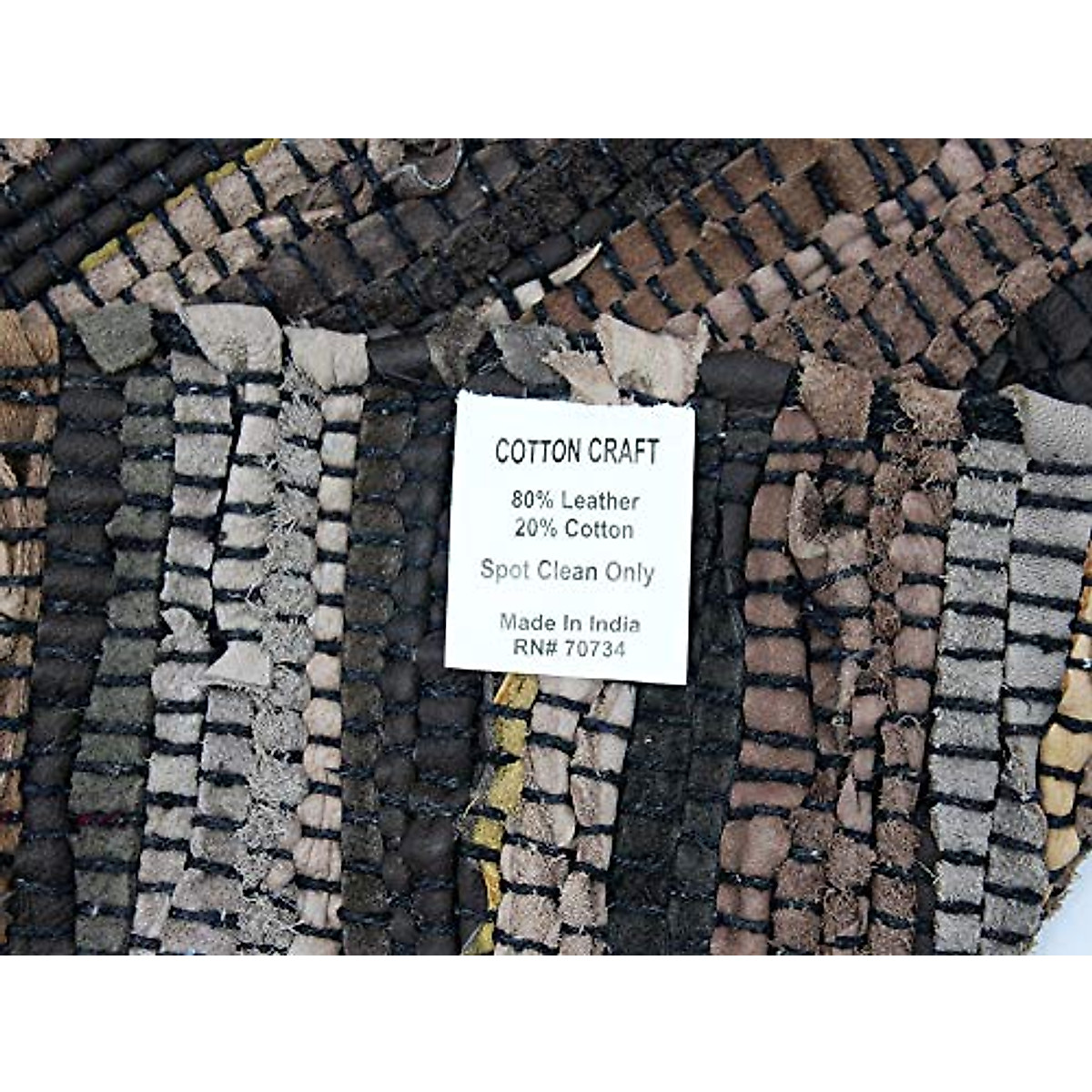 COTTON CRAFT Leather Chindi Area Rug - Boho Farmhouse Rustic Accent Rug - Handwoven Reversible Natural Recycled Leather Throw Rug - Entryway Living Room Dorm Study Gift - 24 x 36 Inch - Tan Multicolor