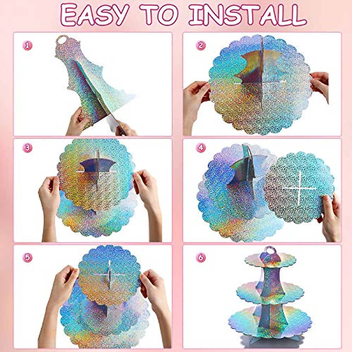 2 Pieces 3-Tier Round Cupcake Stand Rainbow Cardboard Cupcake Stands with 10 Pieces Cupcake Wrappers Dessert Tower Pastry Display Stand Set for Baby Shower Wedding Birthday Party