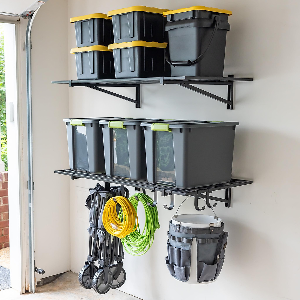 StoreYourBoard 2 Pack Heavy Duty Garage Wall Shelves, 2' x 4' Wall Mount Storage Shelf with Hooks, Holds 200 lbs Each