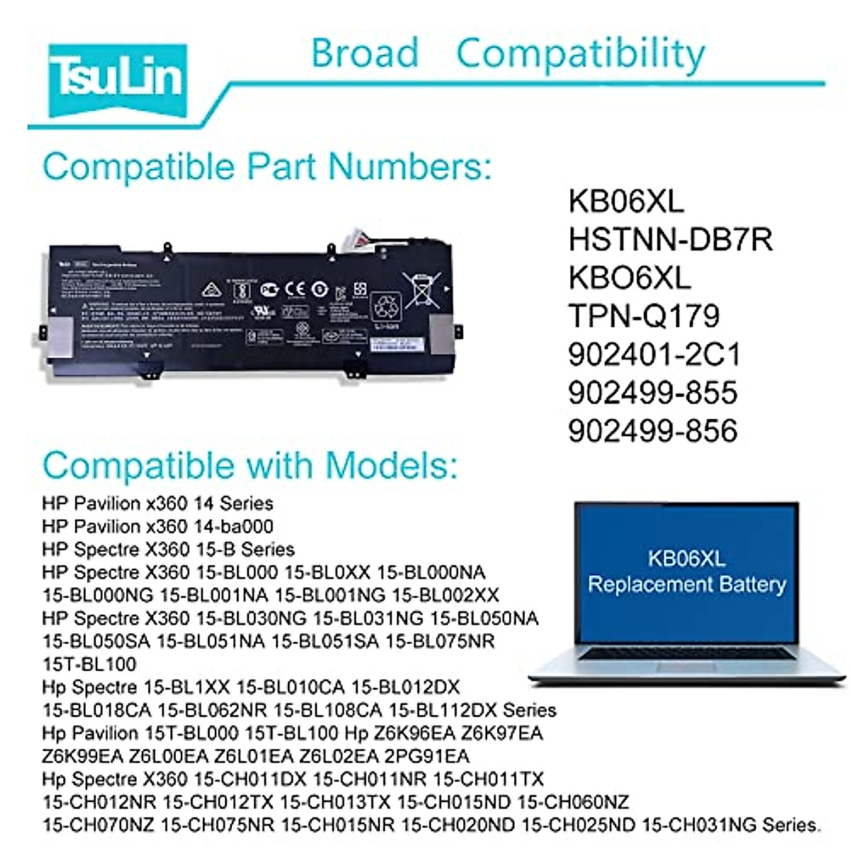 KB06XL 902499-856 902499-855 902401-2C1 Laptop Battery Replacement for HP Spectre X360 15 15-Bl012DX 15-BL0XX 15-BL1XX 15-BL002XX 15T-BL000 15T-BL100 Z6K99EA Series KBO6XL HSTNN-DB7R TPN-Q179