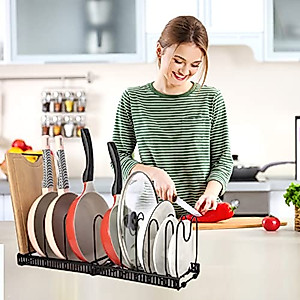 Eydeal Pan Organizer Under Cabinet, Pot Racks For Lid Dish Cookie Sheet Bakeware Skillet Cutting Board, Kitchen Storage with 10 Adjustable Compartment Black