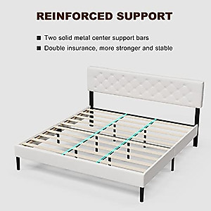 IKIFLY California King Bed Frames with Adjustable Headboard, Modern Upholstered Cal King Platform Bed with LED Lights & 2 USB Ports, Strong Wood Slat Support, No Box Spring Needed - White
