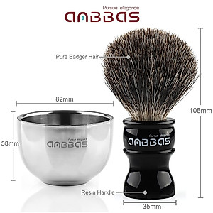 Shaving Set, 4in1 Anbbas Pure Black Badger Shaving Brush with Long Resin Handle and Acrylic Thicken Shaving Stand,Soap Bowl Stainless Steel and Goat Milk Shaving Soap 100g Men Gift Kit