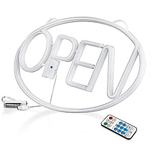 AMEVRGTHS Open Neon LED Sign Light for Business Window, 8 LED Lighting Modes, 16"x 10", Battery/USB Powered with Remote Control Adjustable Brightness for Door Sign Birthday Party Christmas (White)