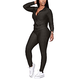 KANSOON Jogging Suits for Women, Textured 2 Piece Outfit Long Sleeve Full Zip Jacket Skinny Pants Tracksuit Set Black L