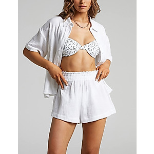 Kissonic Women's 2 Piece Outfits Track Suits Matching Sets Loungewear for Vacation Button Down Shirt and Shorts Set(White-M)