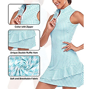 Viracy Tennis Dress for Women Golf Outfits Sleeveless Stand Collar Short Dresses with Pockets Zip Up Moisture Wicking for Workout Athletic Blue Houndstooth-M