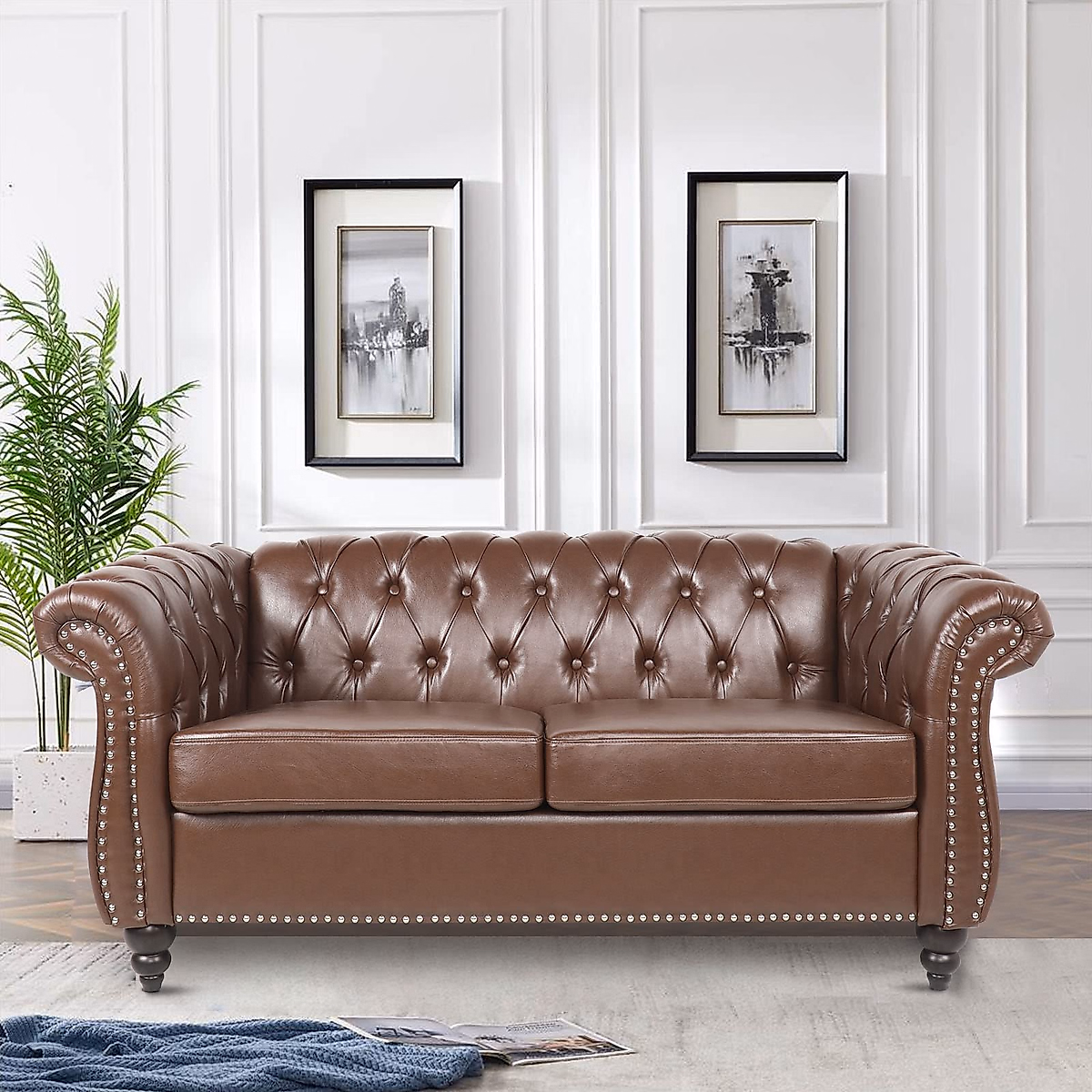 FOKWE Chesterfield Loveseat Leather, Modern Upholstered Tufted Couch 2 Seater with Rolled Arms and Nailhead for Living Room, Bedroom (Dark Brown)