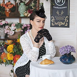 4 Sets Women Tea Party Hat and Gloves Fascinators Hats for Women Girls Kids Tea Party Headband with Lace Fascinator Gloves Mini Tea Party Hats Cocktail Party Supplies Fancy Hair Fascinators