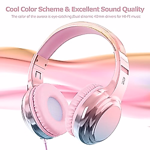 QearFun Headphones for Girls Kids for School,Cool Kids Wired Headphones with Microphone&3.5mm Jack,Teens Noise Cancelling Headphone with Adjustable Headband for Tablet/Smartphones-Gradient Pink