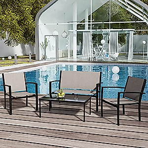 Greesum GS-LCT4PCSBG 4 Pieces Patio Furniture Set Outdoor Conversation Textilene Fabric Chairs for Lawn, Garden, Balcony, Poolside with A Glass Coffee Table, Beige