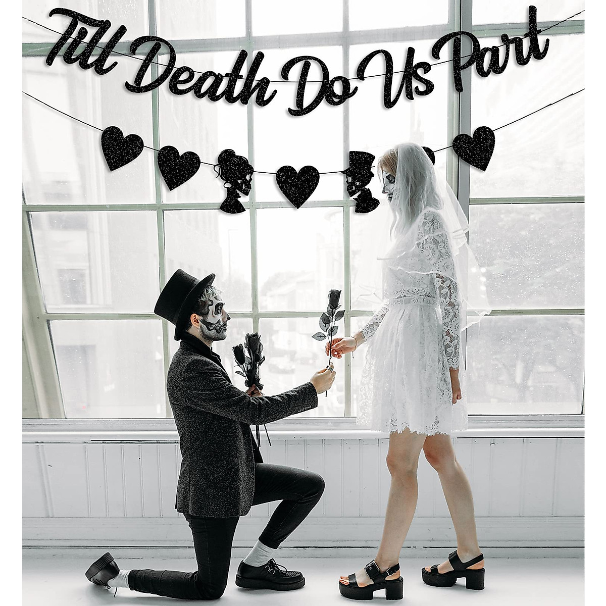 JKQ Black Glittery Till Death Do Us Part Banner with Heart Bride Groom Signs Halloween Bridal Shower Garland Banner Halloween Themed Wedding Bachelorette Engagement Party Fireplace Mantle Decorations