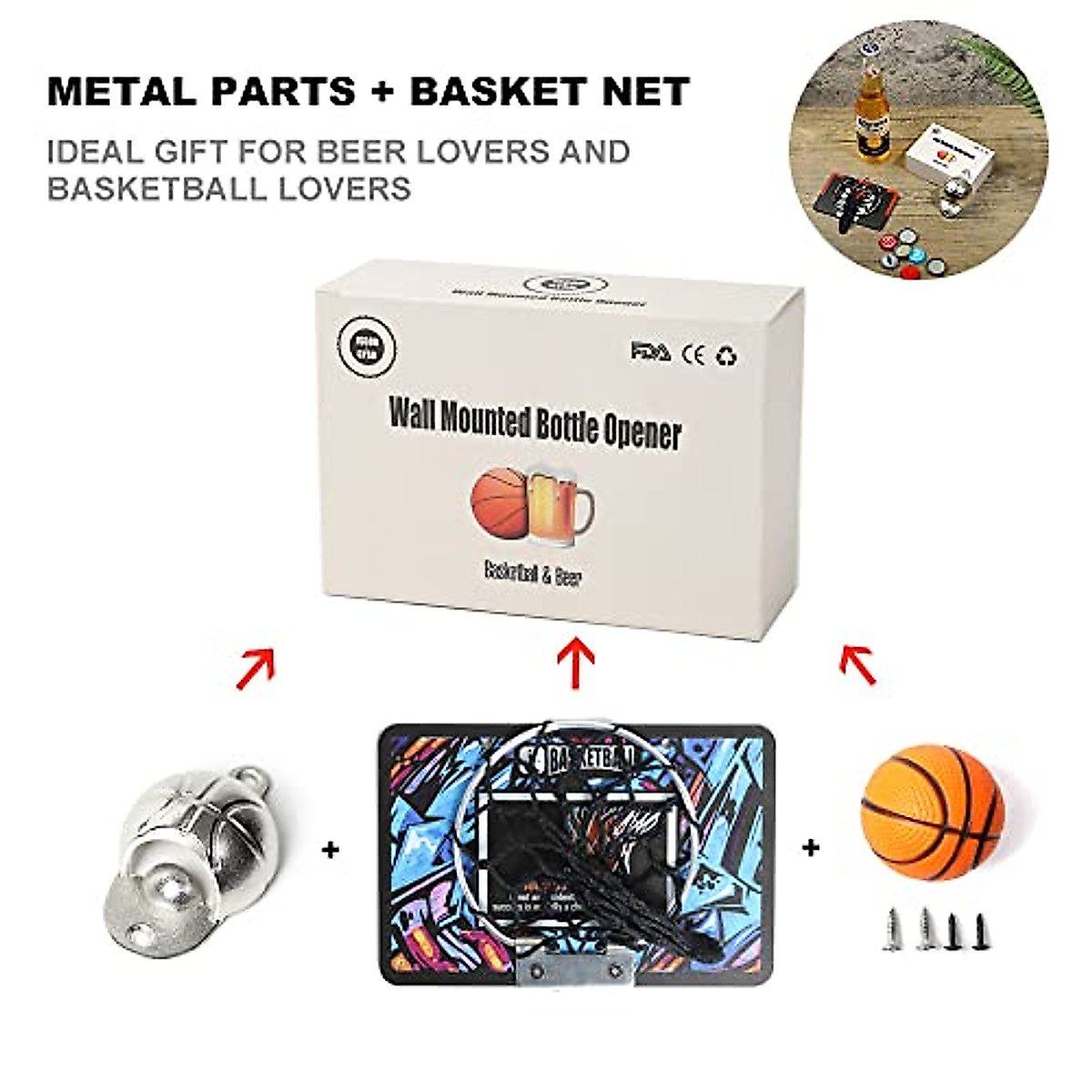 GYSH Bottle Opener Wall Mounted,Bottle Cap Collector With Metal Basket Frame And Basket Net,It Is An Ideal Gift For Basketball And Men'S Beer Lovers (black)