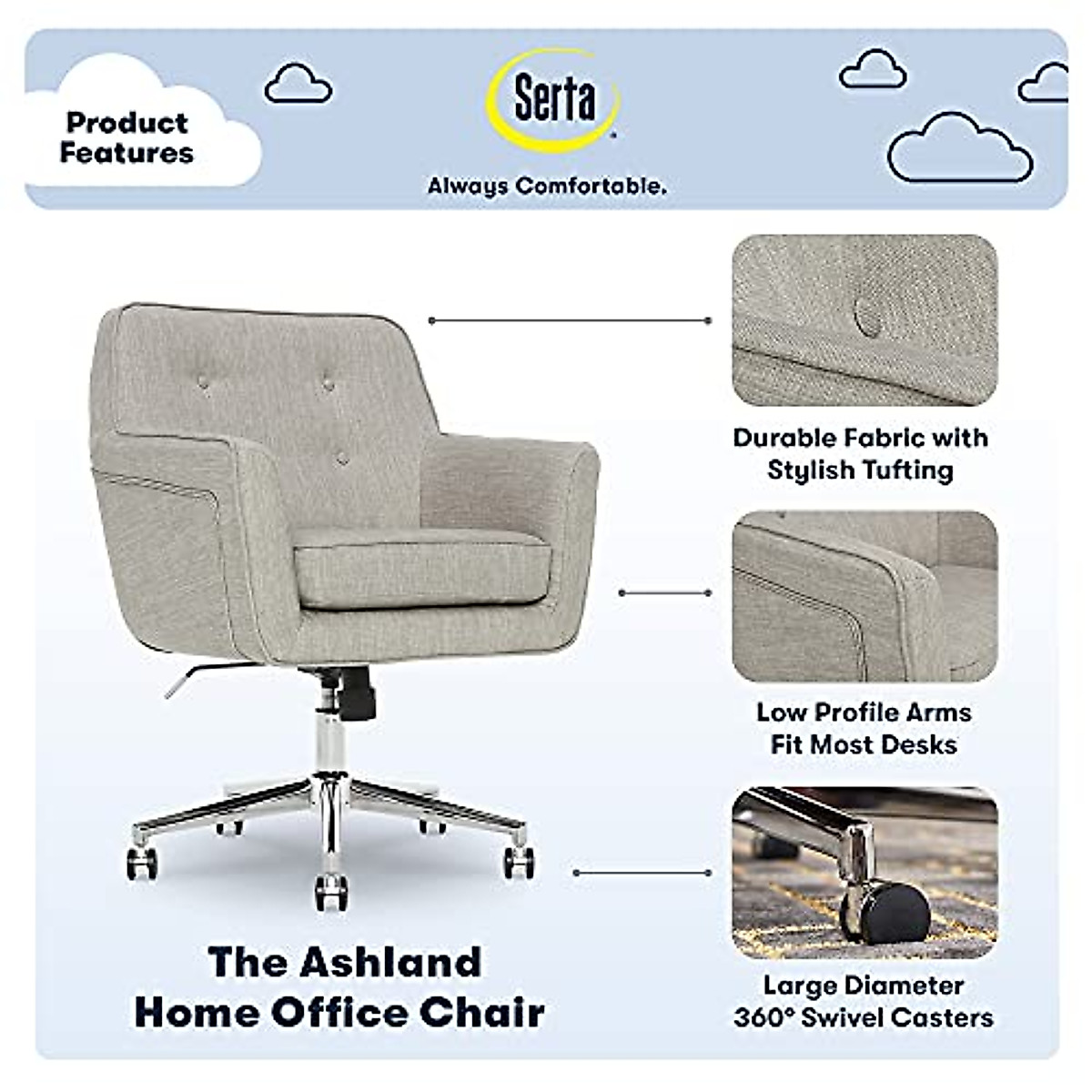 Serta Ashland Ergonomic Home Office Chair with Memory Foam Cushioning Chrome-Finished Stainless Steel Base, 360-Degree Mobility, Light Gray Fabric