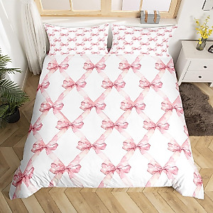 Manfei Pink Bowknot Duvet Cover Queen Size Dreamy Princess Style Kids Girls Comforter Cover with 2 Pillowcases for Teens Adults Watercolor Bow Geometric Grids White Bedding Set 3 Pcs Bed Cover