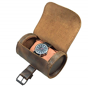 Hide & Drink, Cylinder Watch Case with Cushion, Storage Box, Jewelry Organizer, Travel Accessories, Full Grain Leather, Handmade, Bourbon Brown