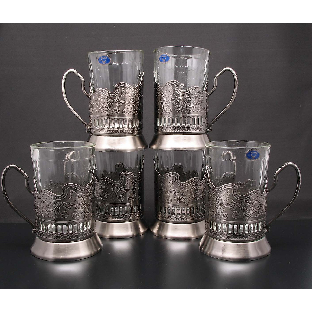 Belarus Russian Traditional Tea Set of 6 Granyoniy Hot Tea Glasses + 6 Metal Holders Podstakannik, Vintage, USSR