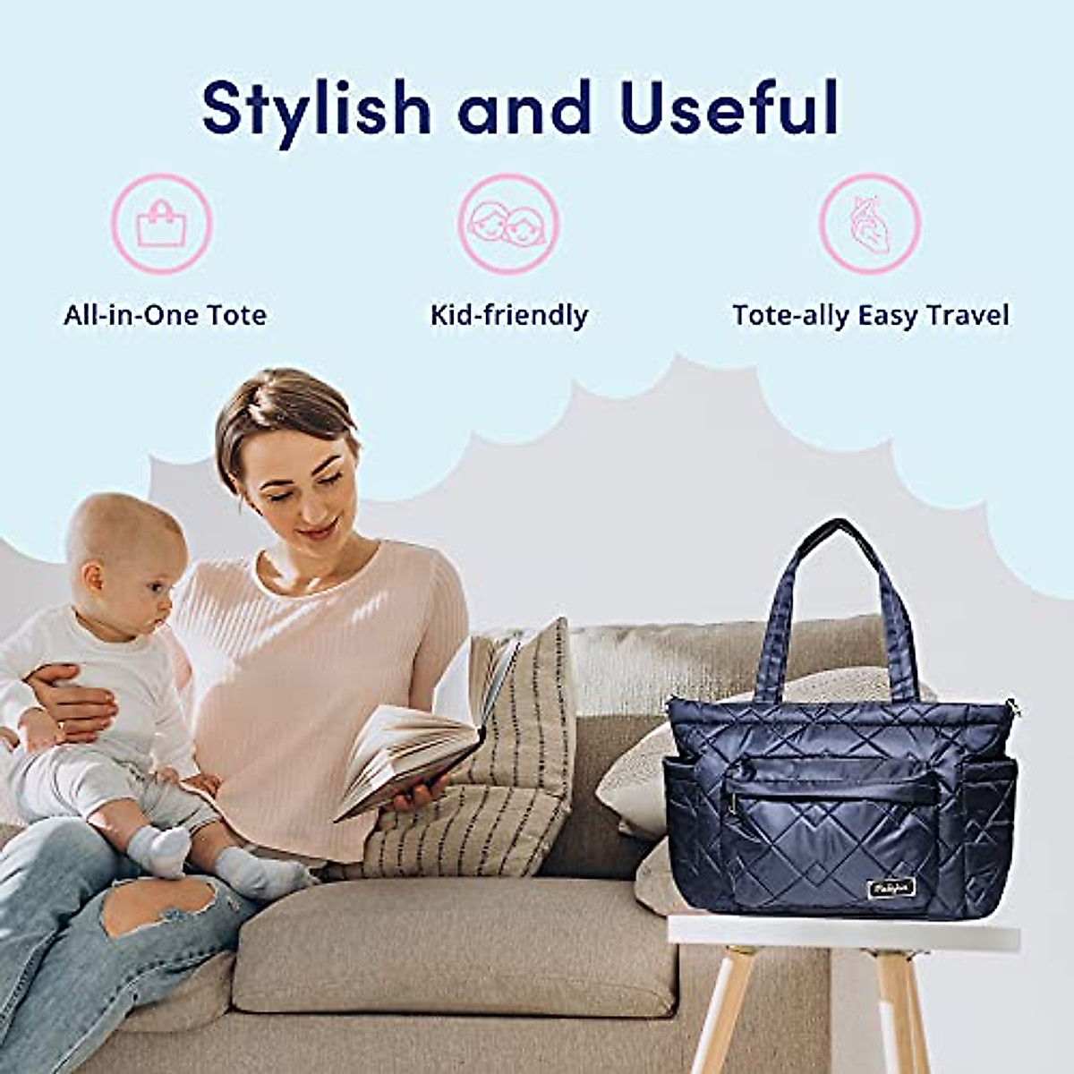 Great Travel Size Stylish Quilted Diaper Tote Bag, Gender Neutral Go Bag with Portable Changing Pad, Laptop Pocket, Shoulder Strap, and 2 Stroller Straps, Navy