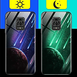 Leton-US Xiaomi Redmi Note 9S/Note 9 Pro Case Silicone Luminous Noctilucent 9H Tempered Glass Back Cover Soft Slim TPU Bumper Shockproof Phone Case Cover for Redmi Note 9S Glow in Dark Meteorite