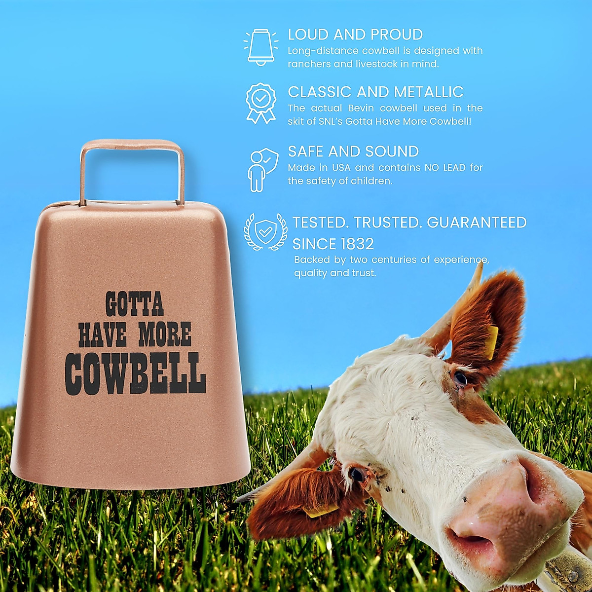 Bevin Bells "Gotta Have More Cowbell" (Medium) | Kentucky Cow Bell w/ Copper Color | Made from Steel | Loud Noise Makers w/ Handle | Made in CT, USA