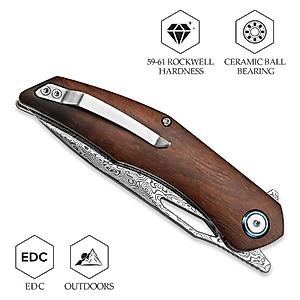 TRIVISA Handmade Pocket Knife,3.62'' 110 Layers Damascus Steel Blade,Front Flipper Wood Handle with Clip,Folding EDC for Men Outdoor Hunting Camping Hiking,Taurus-01i