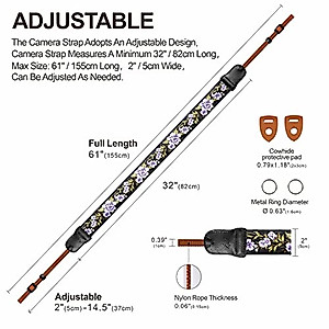 Purple Flower Camera Strap - 2"Wide with Double Layer Cowhide Head,Pure Cotton Embroidery Camera Shoulder Straps,Adjustable Camera Neck Strap for All DSLR / SLR Cameras, Best Gifts for Photographers