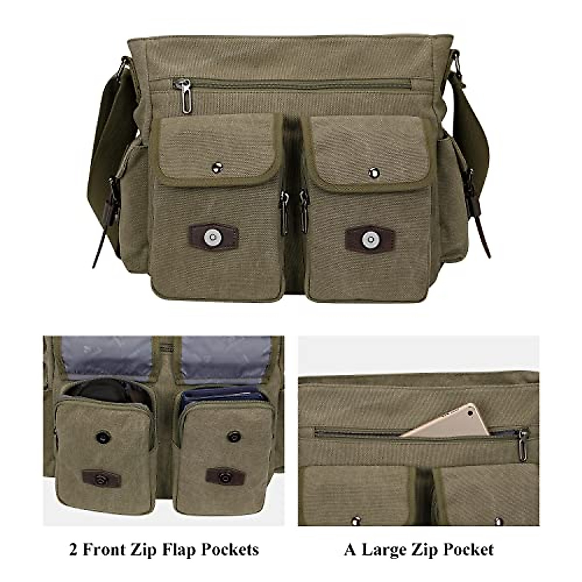 WITZMAN Vintage Canvas Messenger Bag for Men and Women Large Satchel Bags Crossbody with 12 inch Laptop (A8008 army green)