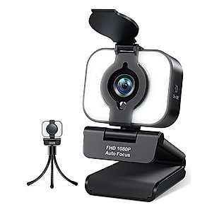 Webcam FHD 1080P Streaming Webcam with Ring Light, Microphone, Privacy Cover and Auto-Focus, Plug and Play, USB Web Camera for Zoom Skype YouTube, PC Laptop Computer