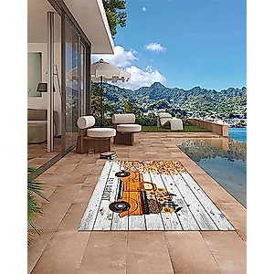 Outdoor Area Rug for Patio,Thanksgiving Autumn Farm Truck Pumpkins Camping Rugs Indoor Large Floor Mat 4x6ft,Fall Orange Leaf Flowers on Wooden Outside Carpet for Deck RV Picnic Porch Backyard