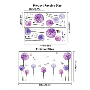Dandelion Plant Wall Decals, Flying Violet Flowers Butterflies Dragonfly Wall Stickers, DILIBRA Removable Peel and Stick DIY Art Vinyl Mural for Classroom Kids Bedroom Bathroom Nursery Home Decor