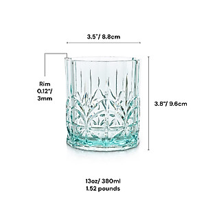 BELLAFORTE Shatterproof Tritan Plastic Short Tumbler, Set of 4, 13oz - Myrtle Beach Unbreakable Crystal Cut Old Fashioned Drinking Glasses for Whiskey - BPA Free - Dishwasher Safe - Teal