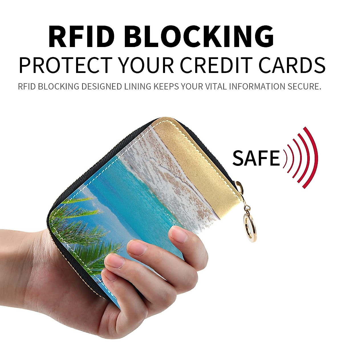 Tropical Palm Trees Sea Beach Credit Card Coin wallet, RFID Blocking Compact Women Leather Card Holder, Key Change Organizer, Zipper Purse Clutch Pouch Pocket