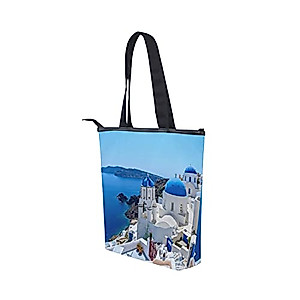 Landscape Oia Santorini Greece Tote Handbag for Women Tote Bag, Canvas + leather Shoulder Bag, Hobo bag, Satchel Purse(6cr8b)