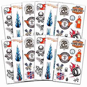 Racing Cars Race Car Sticker Party Favor Pack for Kids, Adults - Bundle with 9 Racing Sticker Sheets for Crafts, Scrapbooking, Party Decor (Blue Flame, Skull, Garage, and Checkered Flag Stickers)