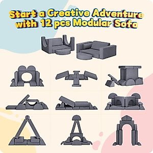 ONBRILL Kids Sofa Couch, 12pcs Modular Play Couch Set, Children Floor Sofa Building Fort, Washable Teddy Cover, Convertible Foam & Floor Cushion, DIY Creative Playroom Furniture for Boys & Girls, Grey