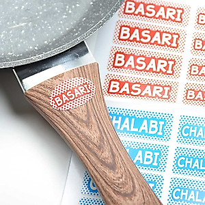 Kosher Kitchen Stickers. Labels with Self Adhesive for Jewish Kitchen Accessories. 20 Chalabi Blue, 20 Basari Red, 16 Parve Green. Sheet of 56 pcs. of Different Sizes and Shapes