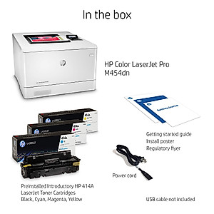 HP Color Laserjet Pro M454dn Print only Wired Laser Printer, 2-line Backlit LCD Display, 28 ppm, Auto Duplex Printing, 600 x 600 dpi, 8.5 x 14, USB 2.0, Ethernet, White, Cbmou Printer Cable