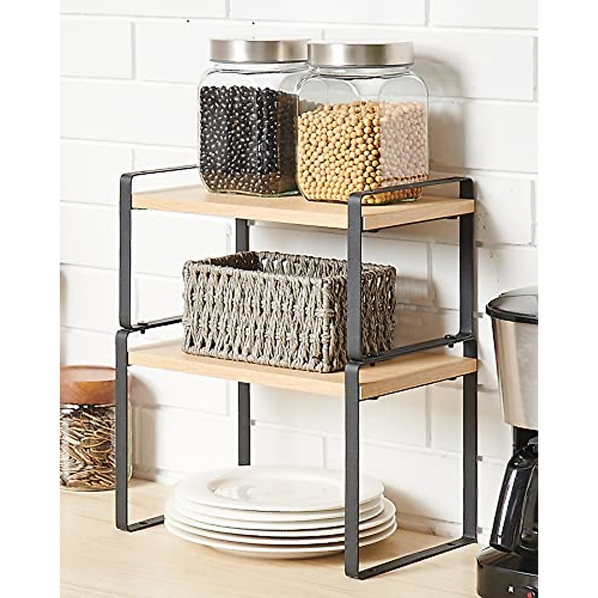 HILINSIE Cabinet Organizer Shelf- Set of 2 Kitchen Counter Shelves, Expandable Spice Racks, Stackable Counter Top Shelf, Engineered Wood and Metal, 7.7 x 11.6 x 14 Inches, Natural and Black