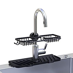 ISABETTA Faucet Sponge Holder with Hook and Silicone Faucet Sink Mat Sink Splash Guard Set,Detachable Hanging Faucet Drain Rack,Kitchen Faucet Splash Pad for Kitchen Bathroom (Black)